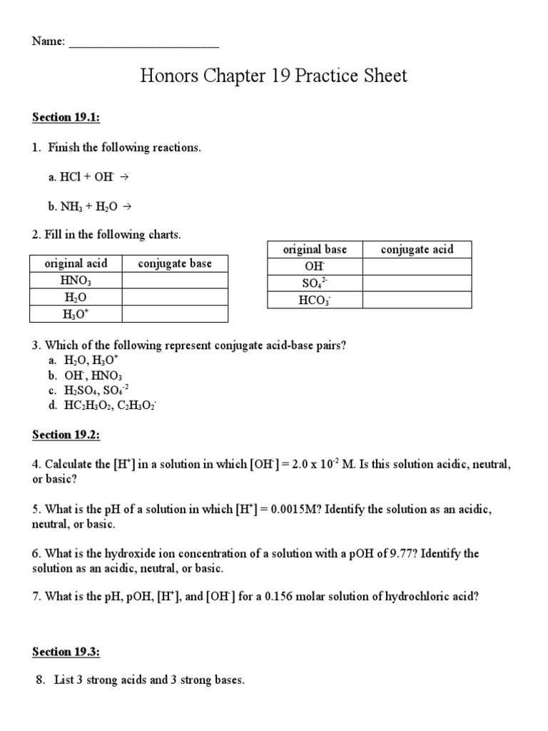 Honors Chapter 19 Worksheet | PDF
