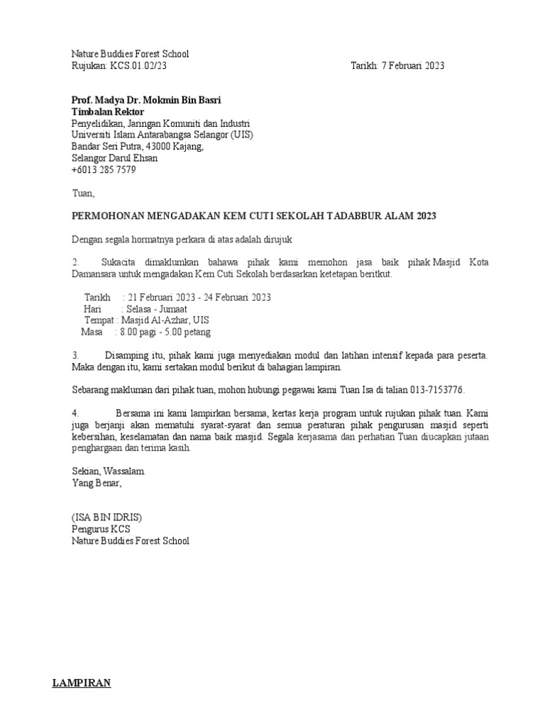 Lampiran Fail 1 - Surat Permohonan Program Cuti Sekolah Tahfiz Intensif ...