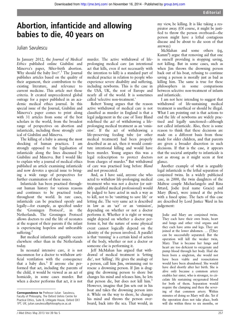 Abortion, Infanticide and Allowing Babies To Die, 40 Years On | PDF | Medicine