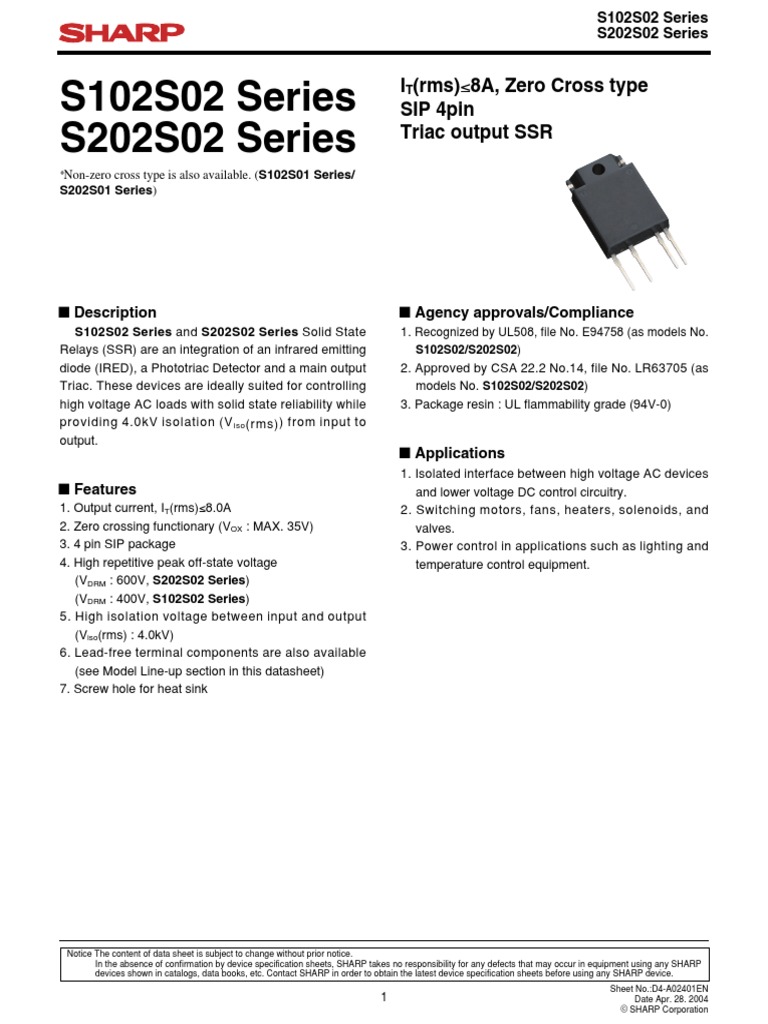 S102S02 Series S202S02 Series: I (RMS) 8A, Zero Cross Type SIP 4pin Triac Output SSR | PDF ...