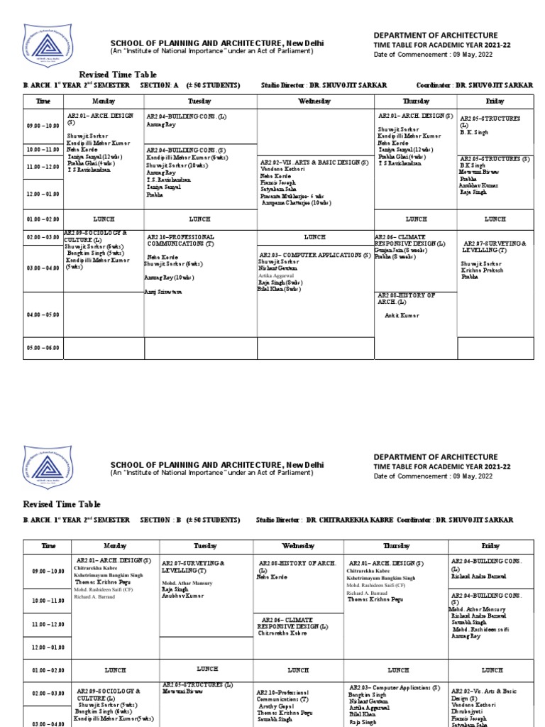 B. Arch 1st Year 2nd Semester Timetable | PDF
