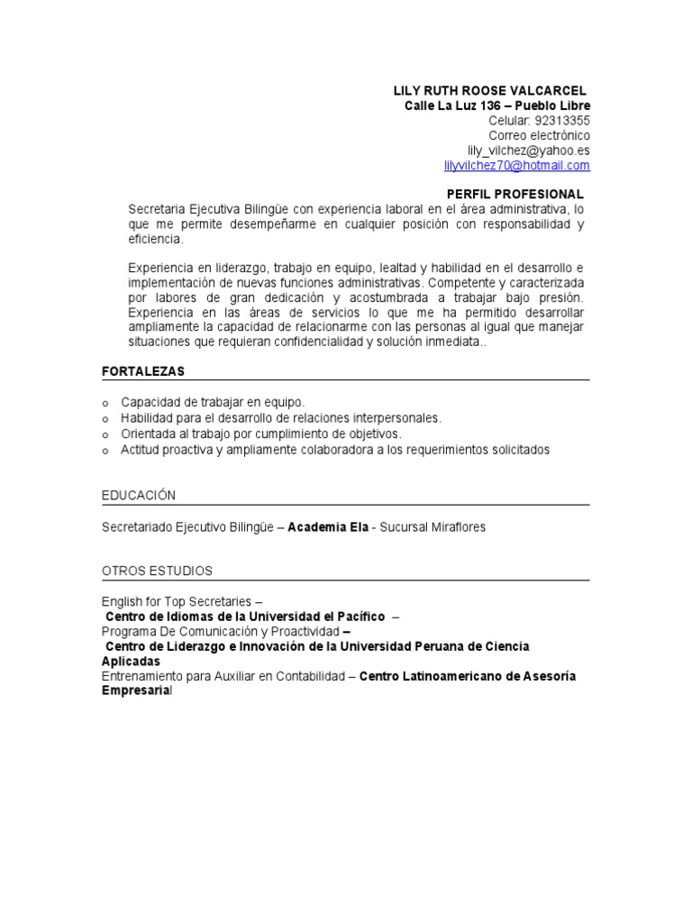 Perfil Profesional de Lily Ruth Roose | PDF | Perú | Business