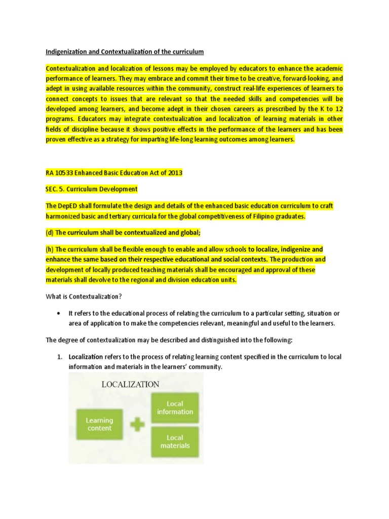 Indigenization And Contextualization Of The Curriculum Pdf Curriculum Learning