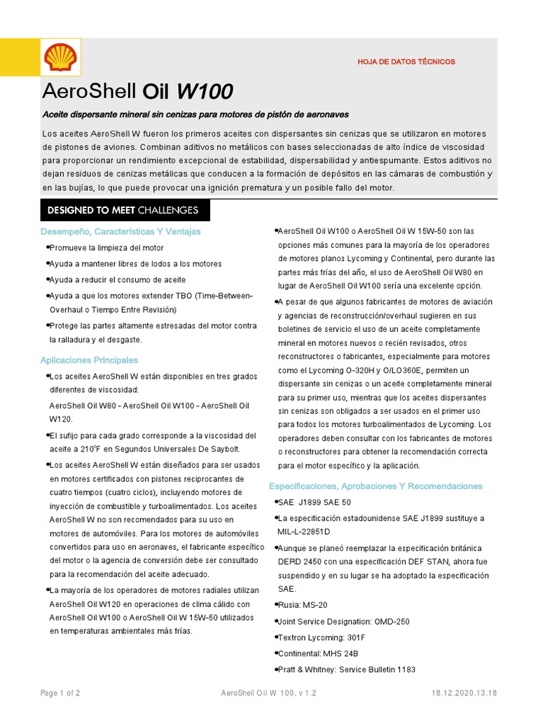 Ficha Técnica de AeroShell Oil W100 | PDF | Petróleo | Motores