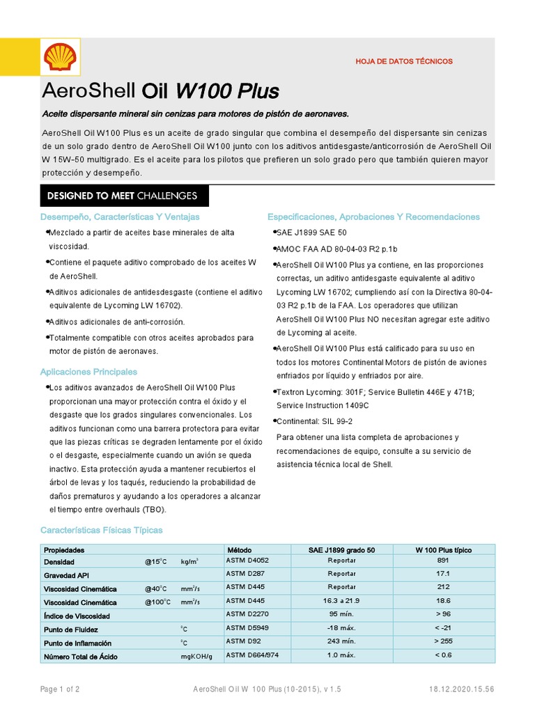 AeroShell Oil W100 Plus | PDF | Química | Sustancias químicas