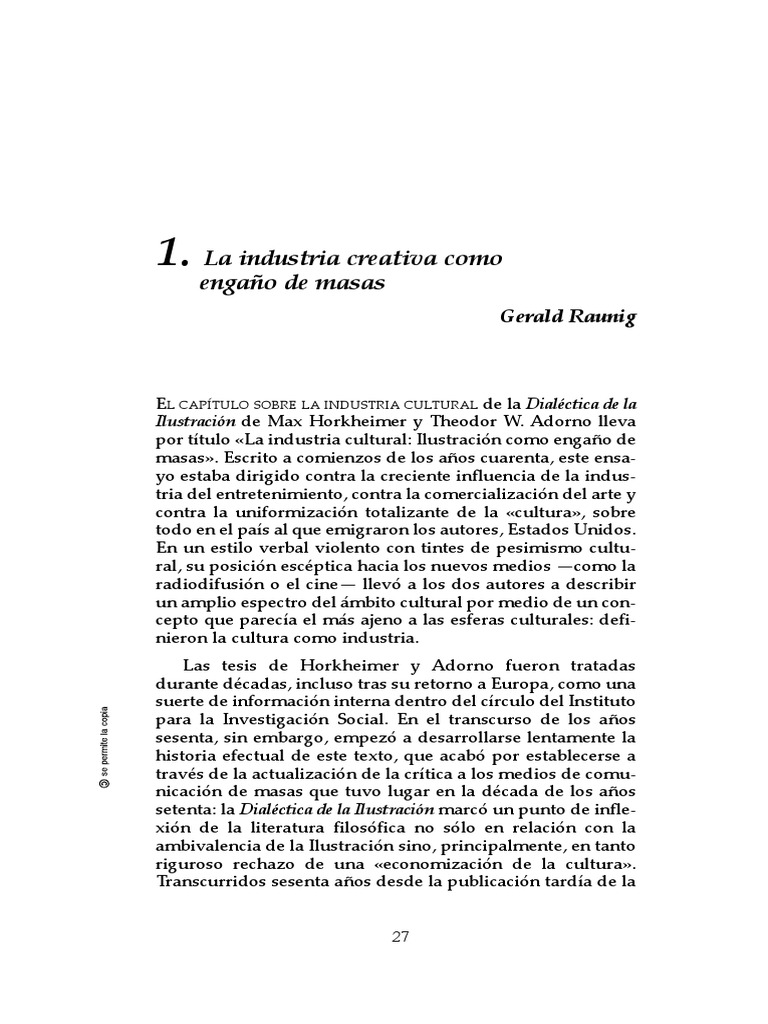 La Industria Creativa Como Engaño de Masas: Gerald Raunig | PDF ...