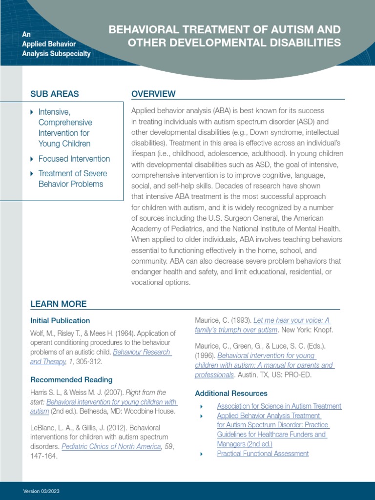 Behavioral Treatment of Autism and Other Developmental Disabilities ...