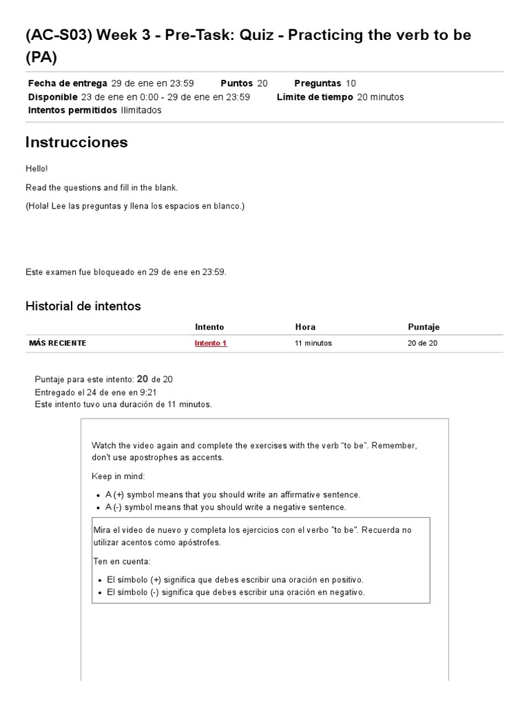 (AC-S03) Week 3 - Pre-Task - Quiz - Practicing The Verb To Be (PA) - INGLES I (8802) | PDF | Los ...