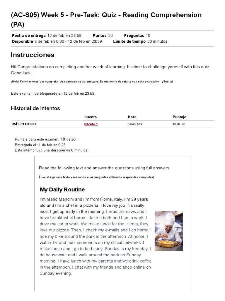 (AC-S05) Week 5 - Pre-Task - Quiz - Reading Comprehension (PA) - INGLES I (8802) | PDF