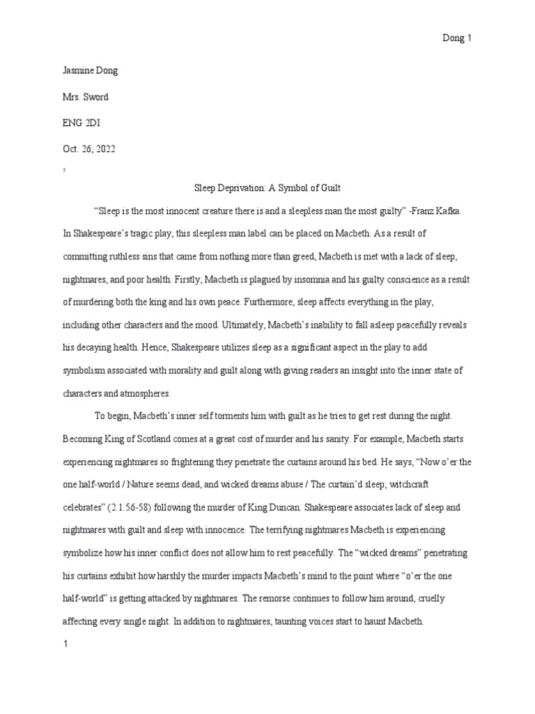 Jasmine Dong - 2D Essay #1 - Rough Copy To Good | PDF | Macbeth | Sleep