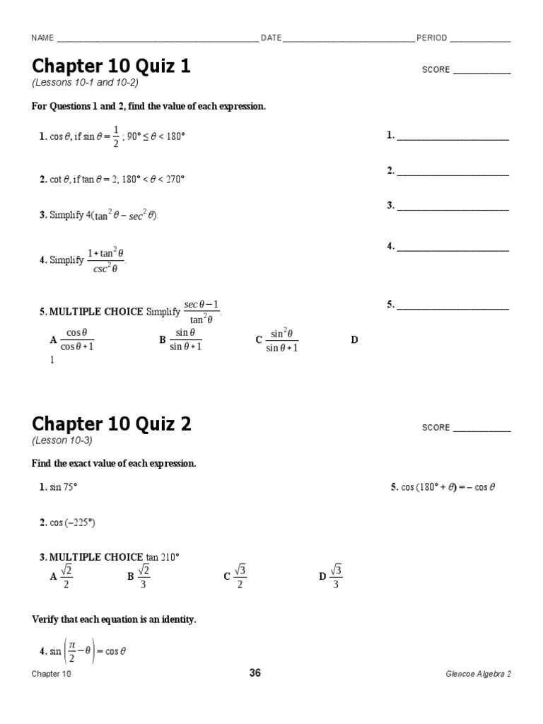 Chapter 10 Quizzes 1 and 2 | PDF | Mathematics | Algebra