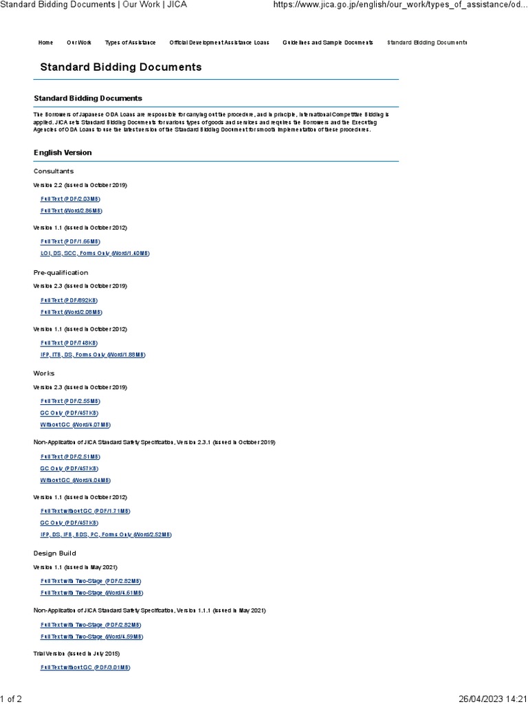 Standard Bidding Documents - Our Work - JICA | PDF