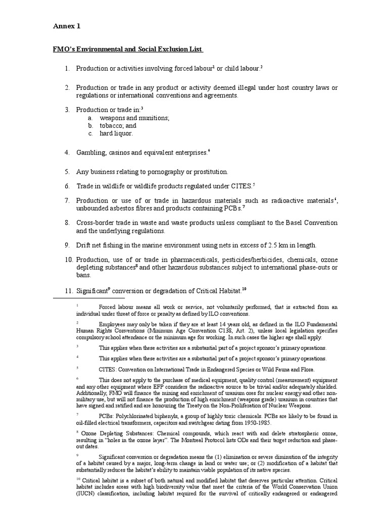 FMO's Environmental and Social Exclusion List | PDF | Ozone Depletion ...