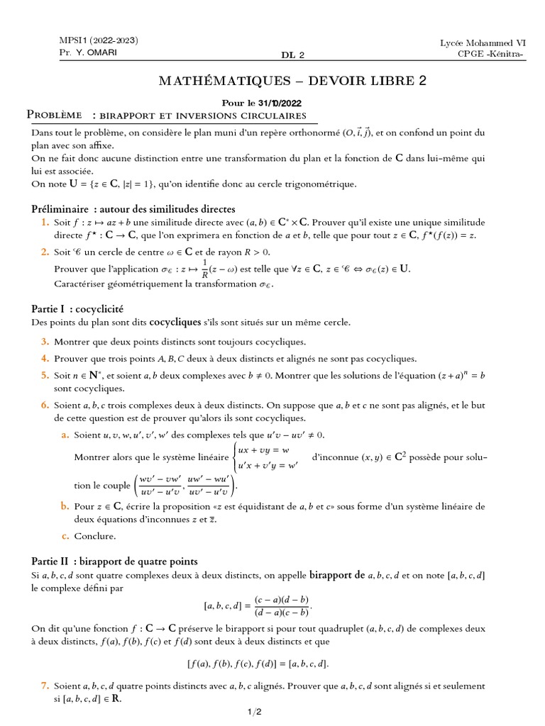Mathématiques Devoir Libre 2 Problème: Birapport ET Inversions Circulaires | PDF