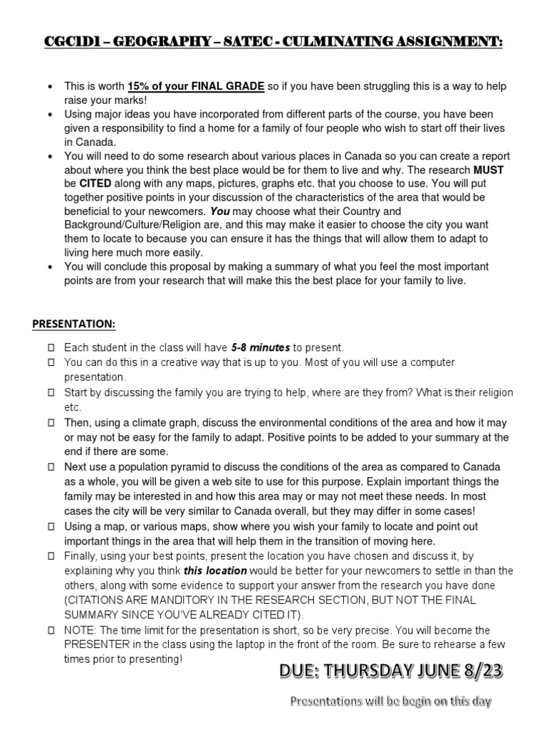 Culminating Assignment 2022-23 Cgc1d1 Geography Grade 9 Final Version ...