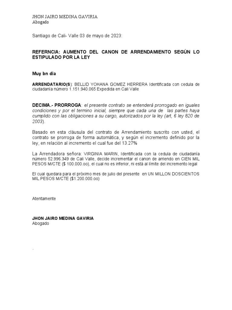 Aumento Canon de Arrendamiento | PDF