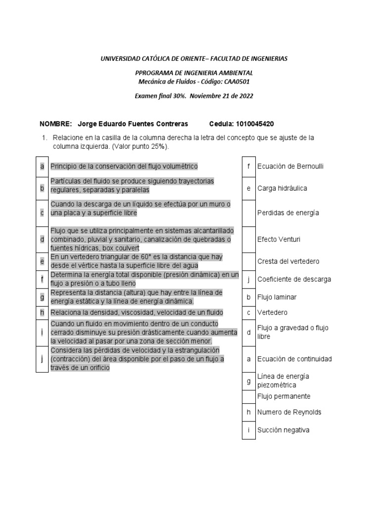 Examen Final de Mecánica de Fluidos | PDF | Dinámica de fluidos | Ingeniería mecánica