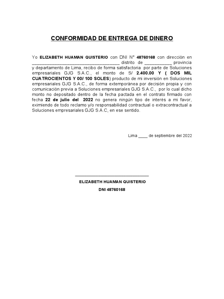 Conformidad de Entrega de Dinero Fuera de Plazo | PDF Conformidad de Entrega de Dinero Fuera de Plazo | PDF
