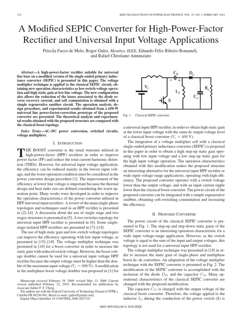 A Modified SEPIC Converter For High Power Factor Rectifier and Universal Input Voltage ...