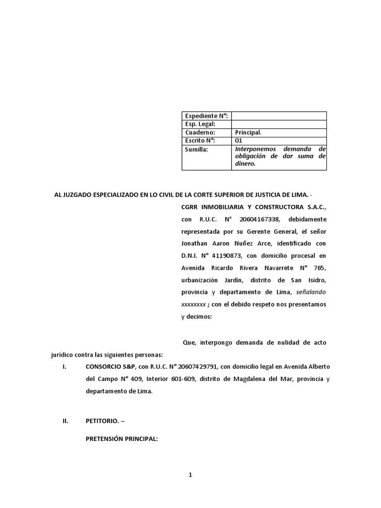 Demanda Obligacion de Dar Suma de Dinero CGRR | PDF | Ley procesal ...