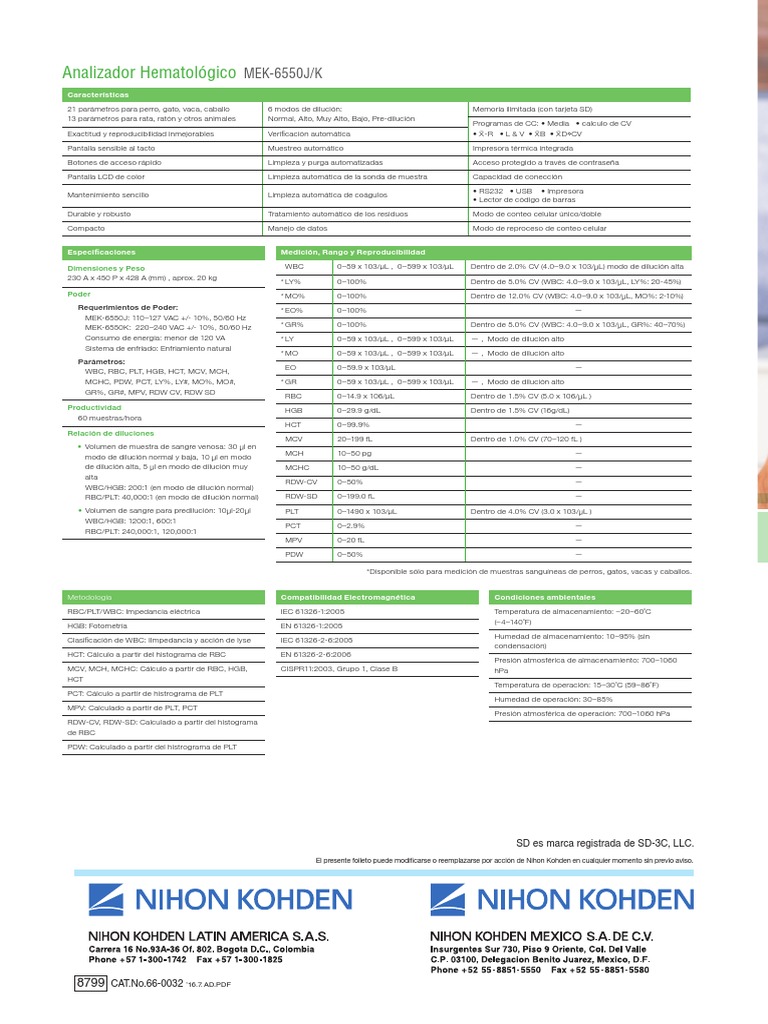 Analizador Hematológico: MEK-6550J/K | PDF