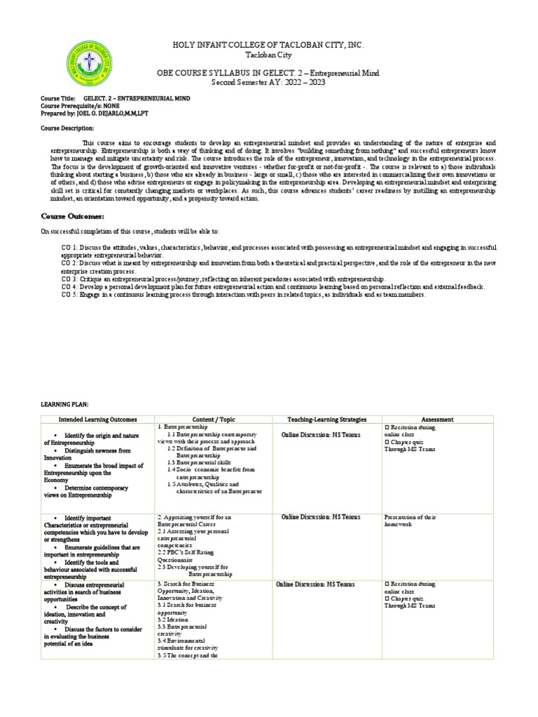 GE Elect. 1 Course Syllabus - AY 2022-2023 V 1 | PDF