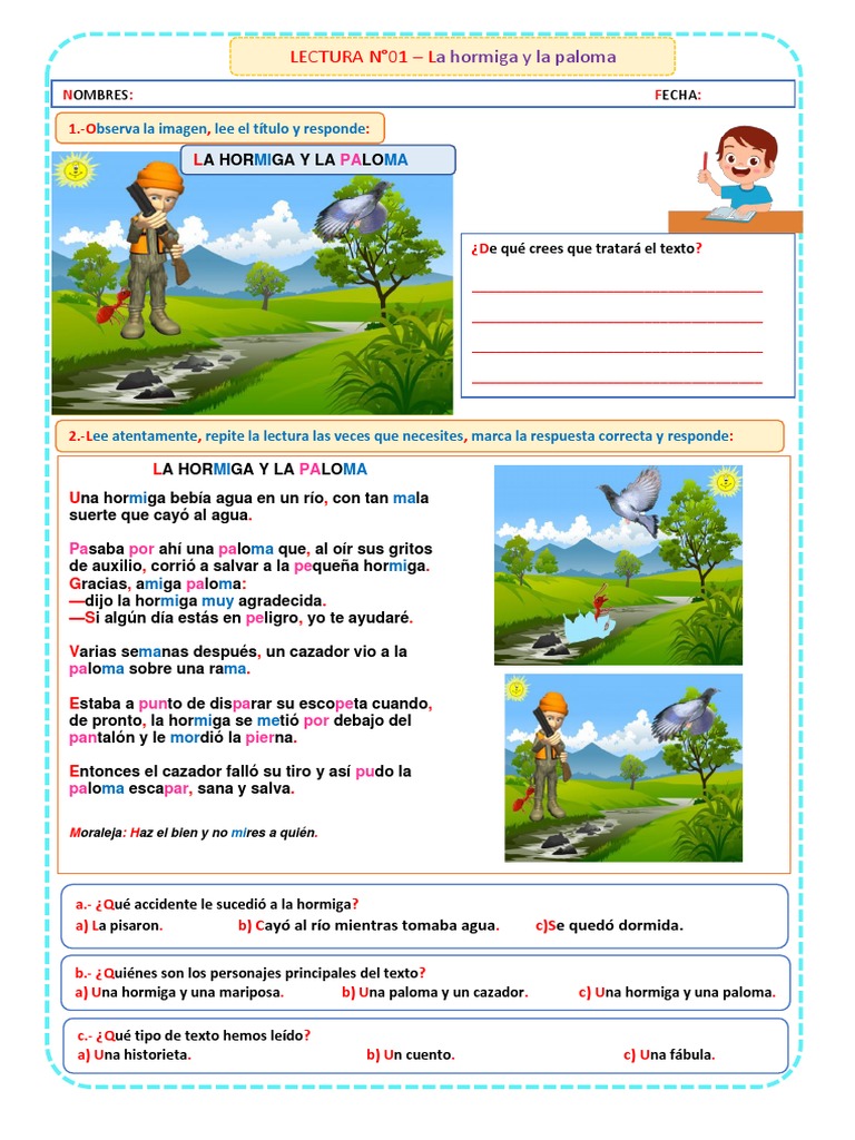 Ficha de Lectura 3 La Hormiga y La Paloma | PDF