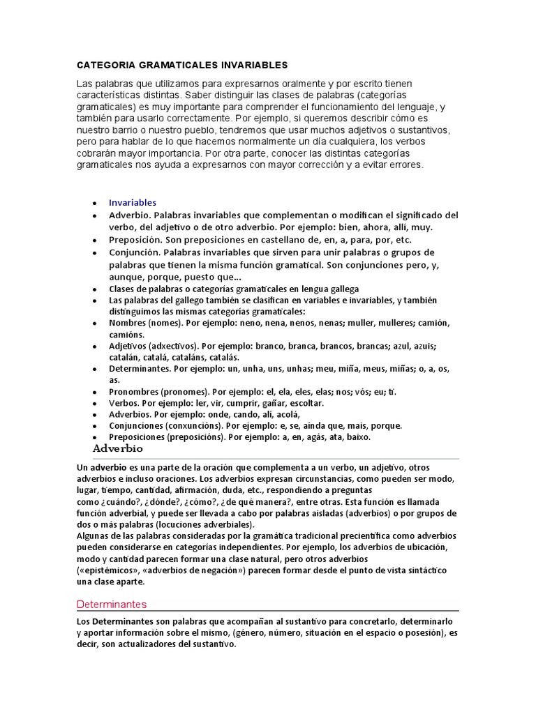 Categoria Gramaticales Invariables | PDF | Adverbio | Oración (Lingüística)
