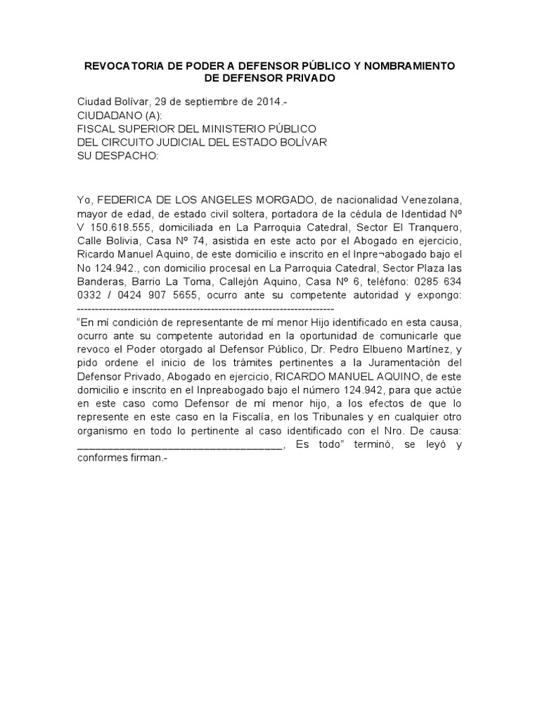 Revocatoria De Poder A Defensor Público Y Nombramiento De Defensor