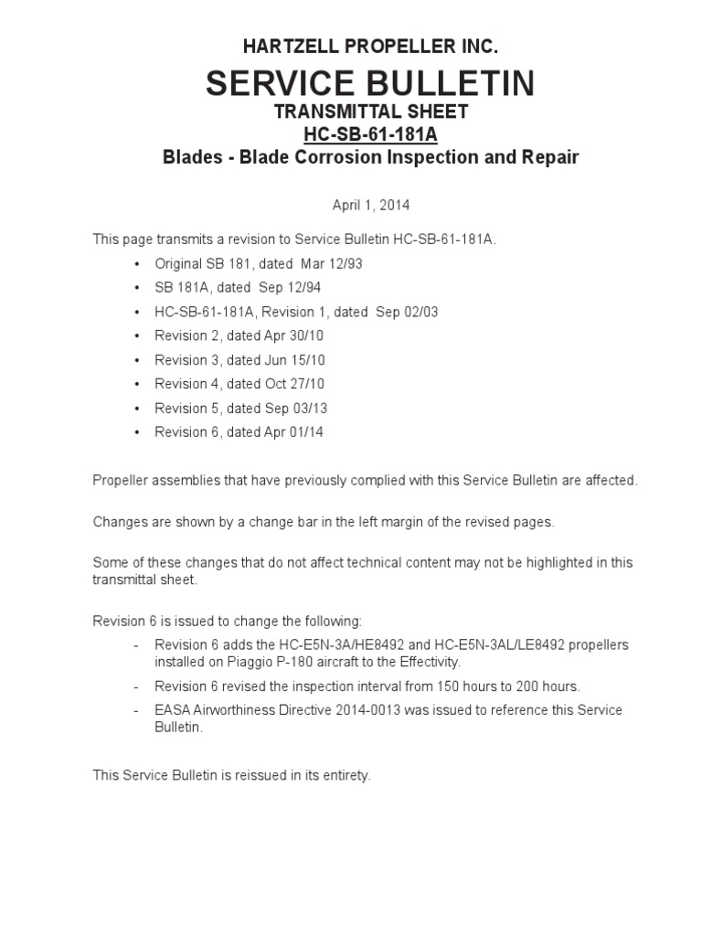 Service Bulletin: Hartzell Propeller Inc. Transmittal Sheet HC-SB-61 ...