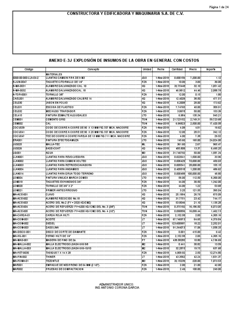 Anexo E-3 J Explosión de Insumos de La Obra en General | PDF ...