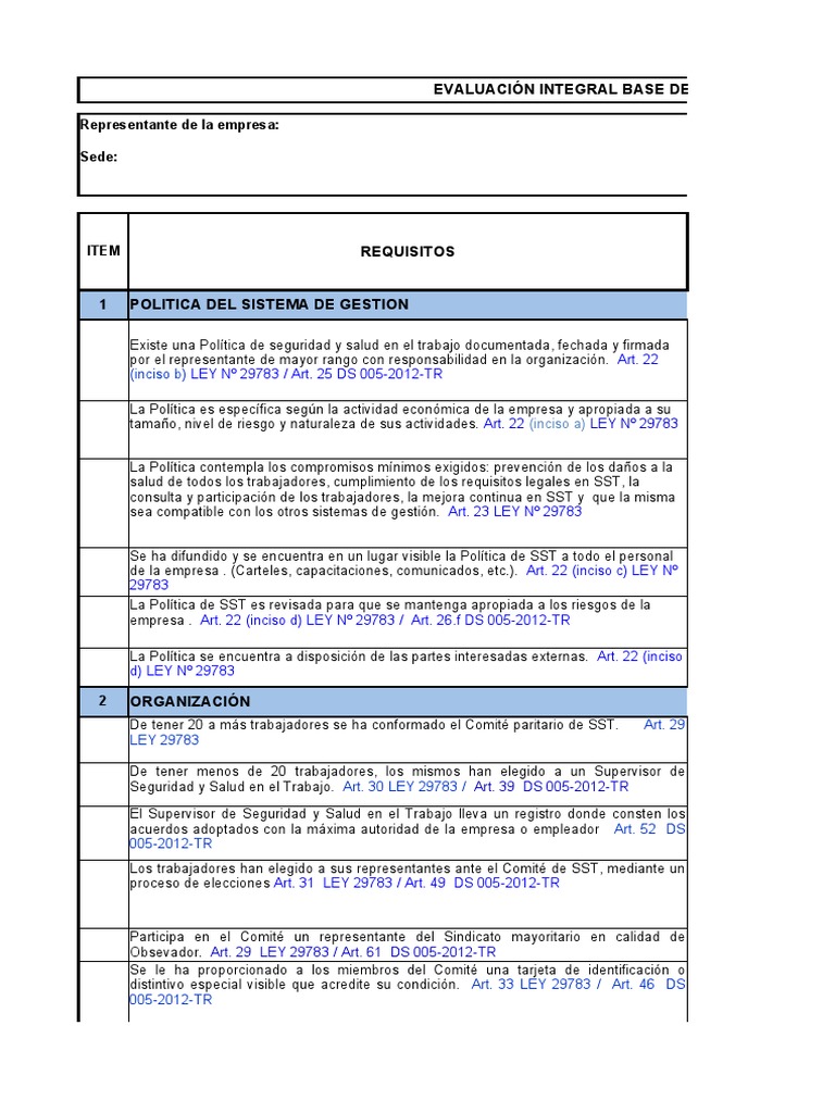 Check List Ley 29783 y Reglamento | PDF | Seguridad y salud ocupacional