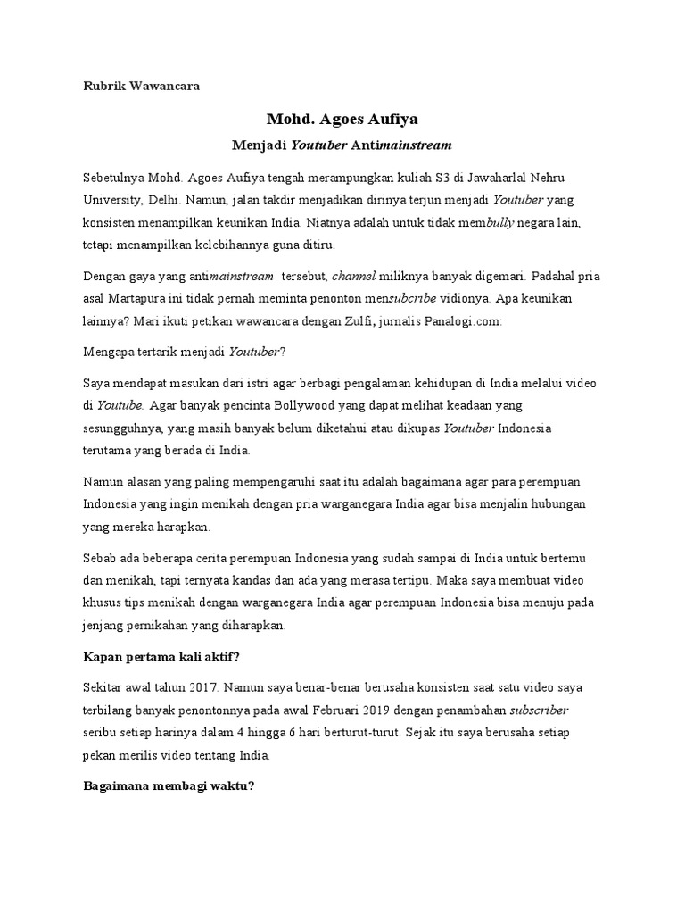Wawancara Mas Agoes Sukses Jadi Youtuber | PDF