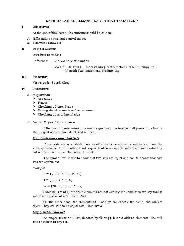 Equal vs Equivalent Sets Lesson Plan | PDF | Set (Mathematics) | Logic