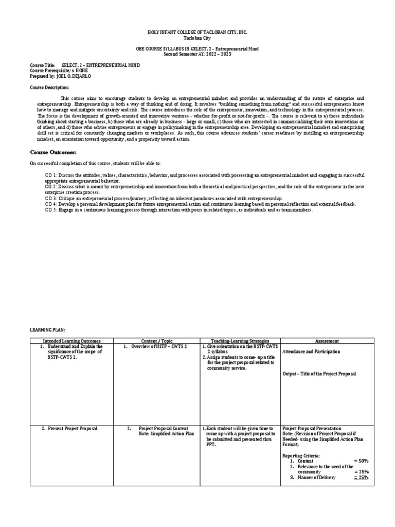 GE Elect. 1 Course Syllabus - AY 2022-2023 | PDF | Entrepreneurship ...