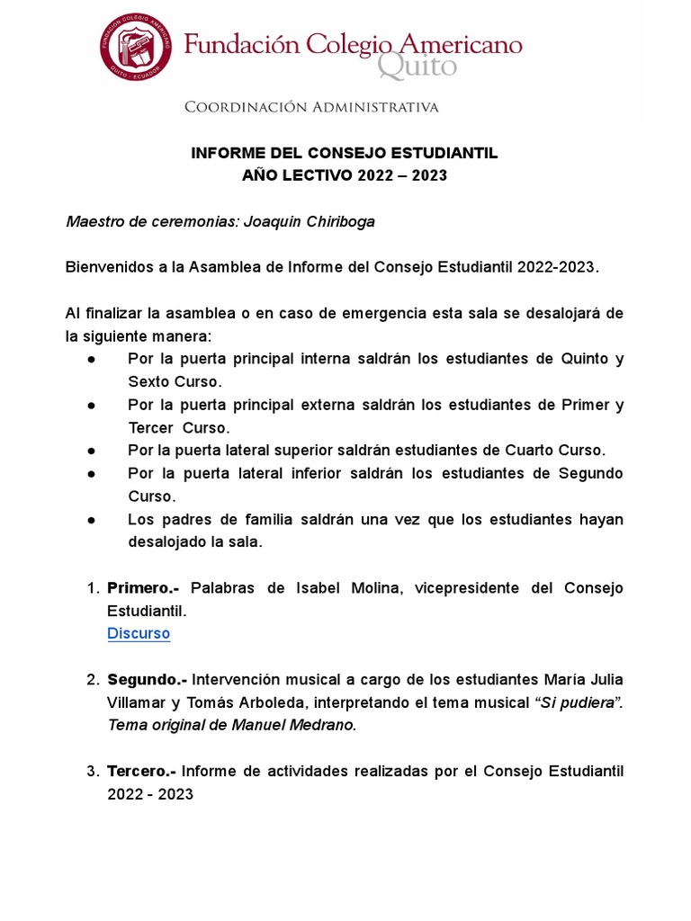 Asamblea de Informe Consejo Estudiantil 2022 - 2023 | PDF
