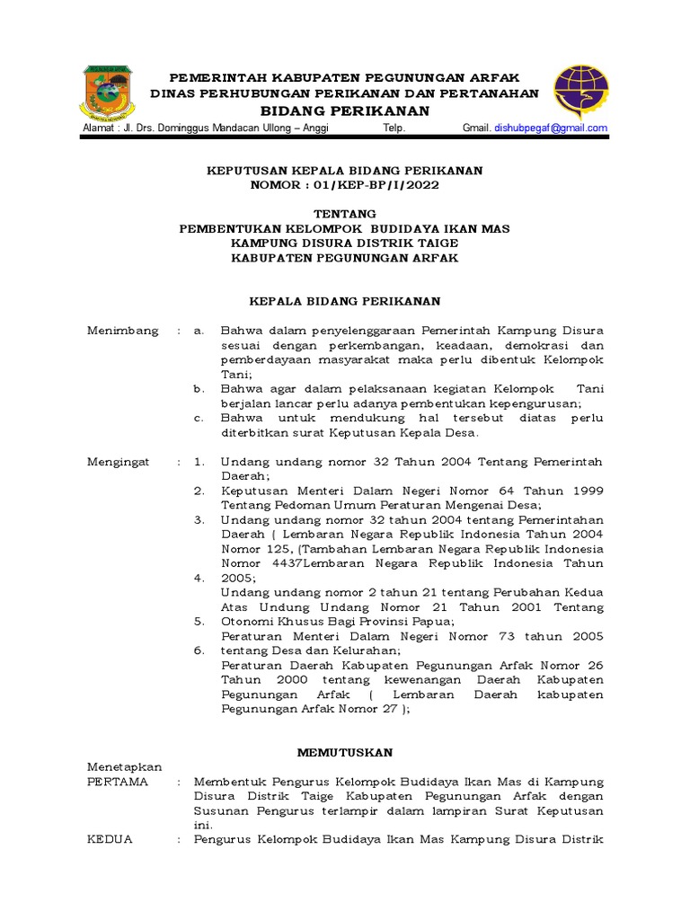 SK Pembentukan Kelompok Budidaya Ikan | PDF