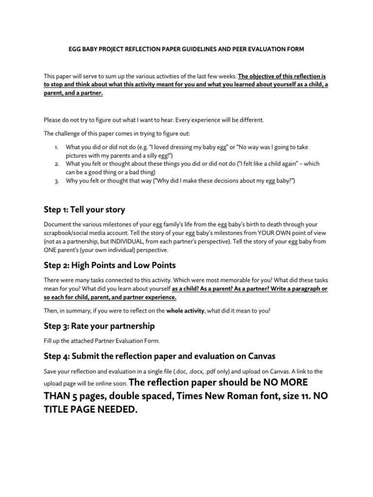 EGG BABY PROJECT REFLECTION PAPER GUIDELINES AND PEER EVALUATION FORM ...