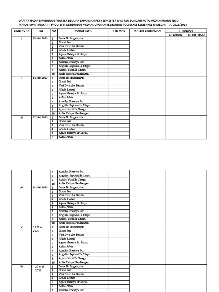 Form Bimb & Absen PKK I RSU Sundari Mei 2023 | PDF