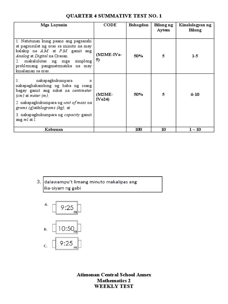 q4 ST 1 Gr.2 Math With Tos | PDF
