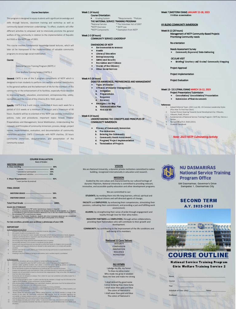 NSTP 2 Course Outline 2nd Term AY 2022-2023 | PDF | Emergency Management
