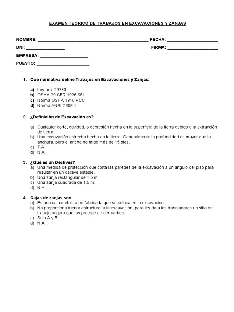 Examen Trabajos en Excavaciones y Zanjas | PDF