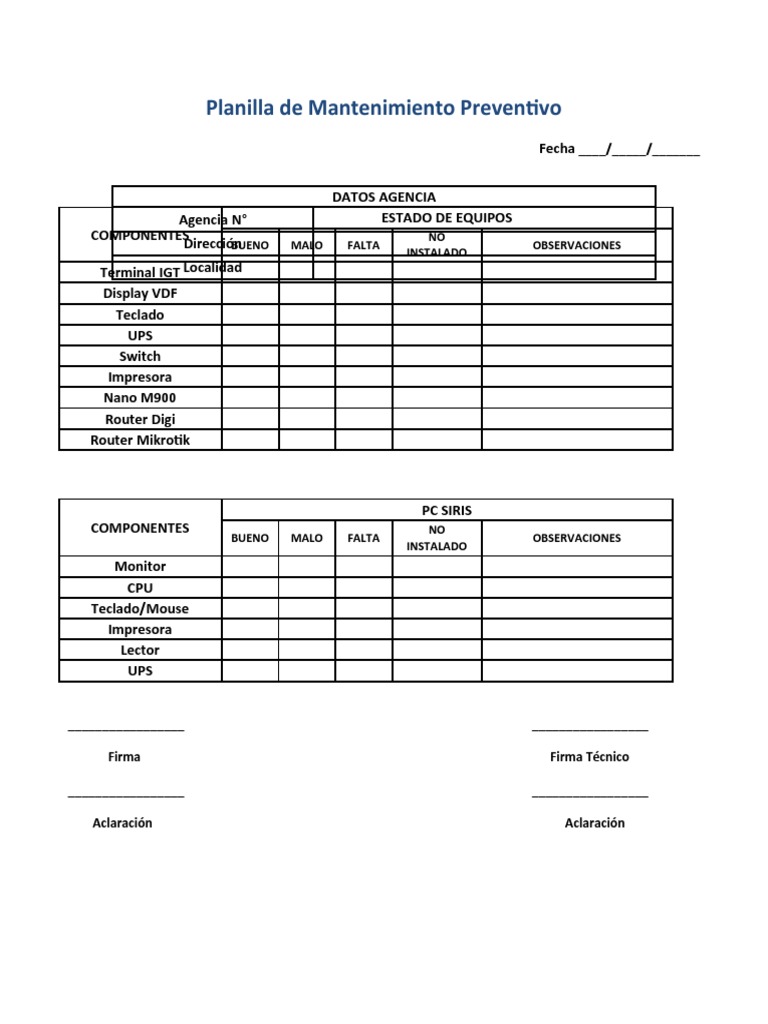 Planilla de Mantenimiento Preventivo | PDF