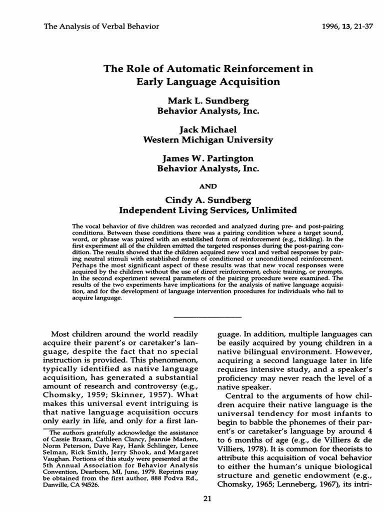 The Role Of Automatic Reinforcement In Early Language Acquisition Pdf Reinforcement Experiment