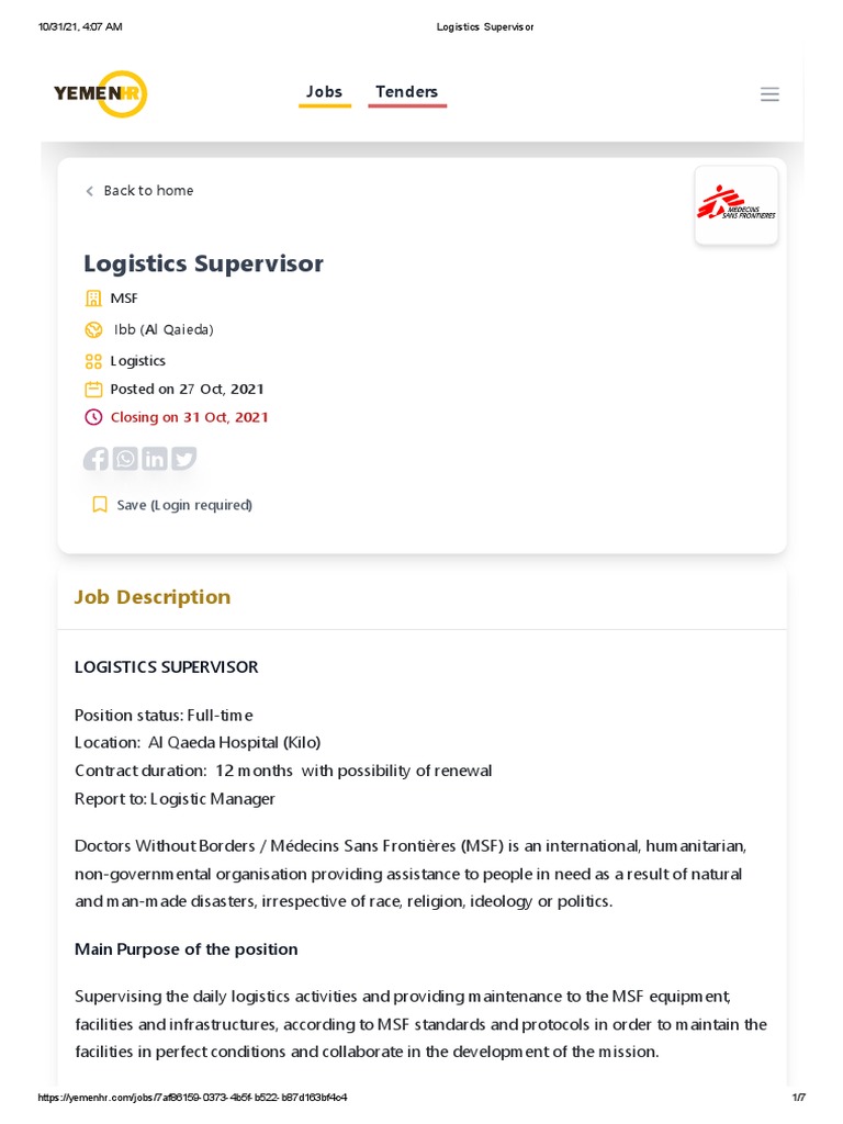 Logistics Supervisor | PDF | Médecins Sans Frontières | Logistics