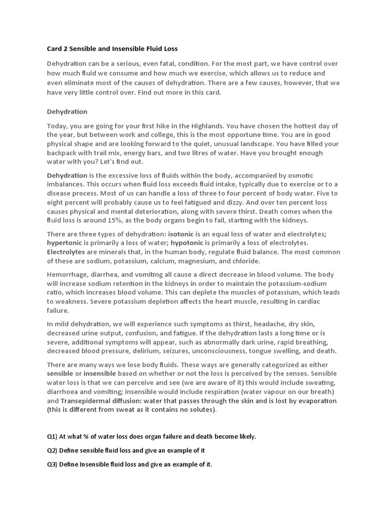 Card 2 Sensible and Insensible Fluid Loss | PDF | Dehydration | Physiology