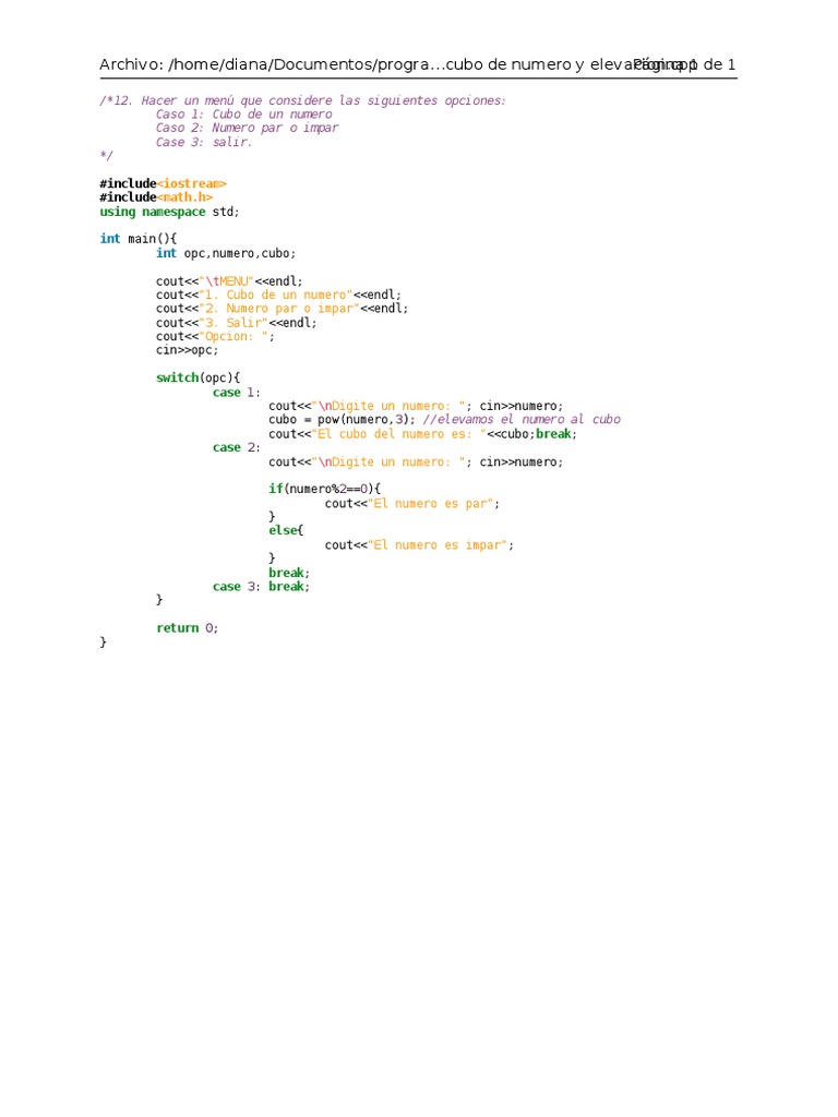 Ejercicio 12 - Menu para Cubo de Numero y Elevacion - CPP | PDF