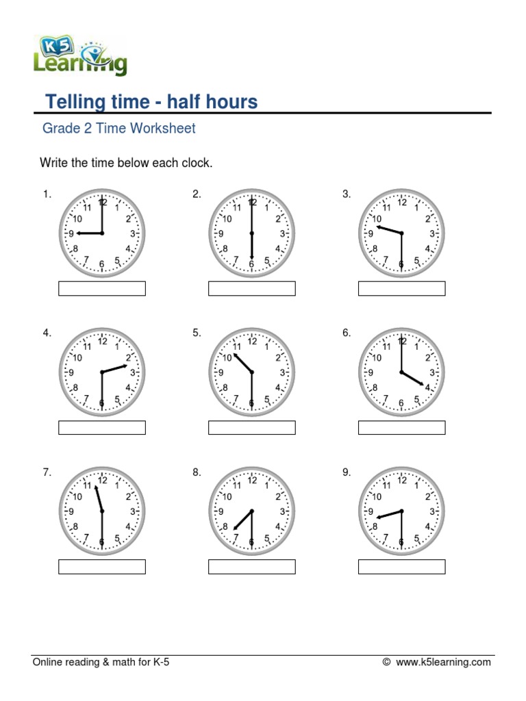 Grade 2 Telling Time Half Hours A | PDF