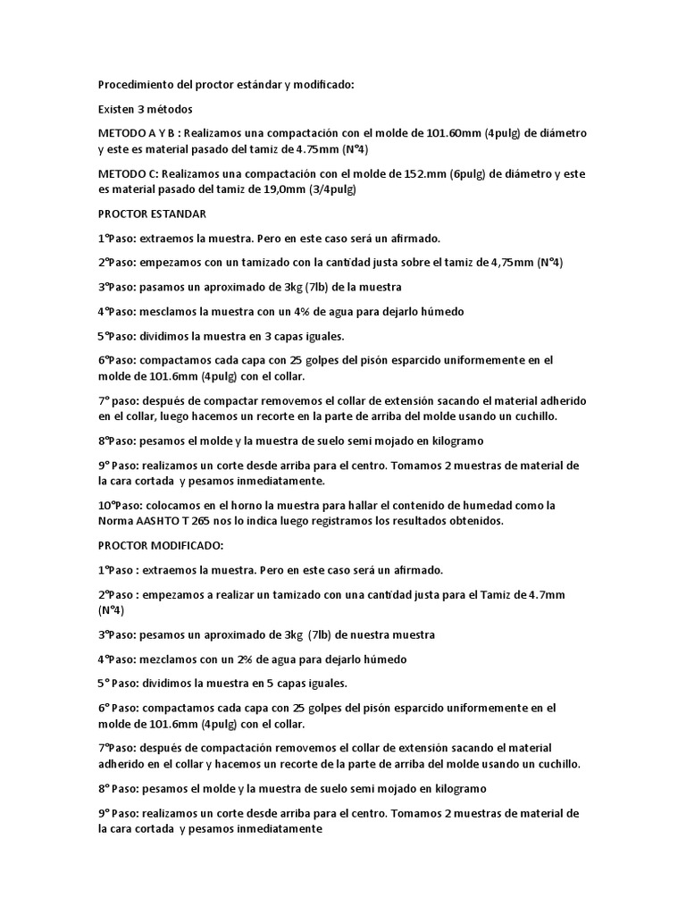 Procedimiento Del Proctor Estándar y Modificado | PDF
