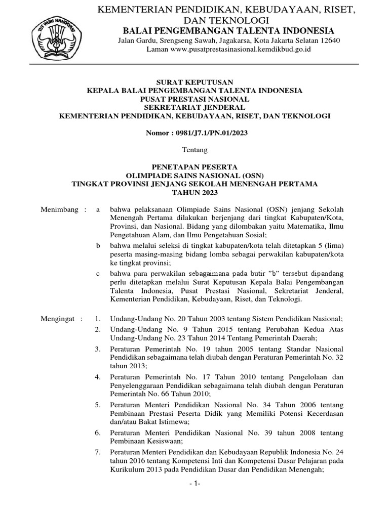 SK Penetapan Peserta Osn SMP Tingkat Provinsi 2023 | PDF